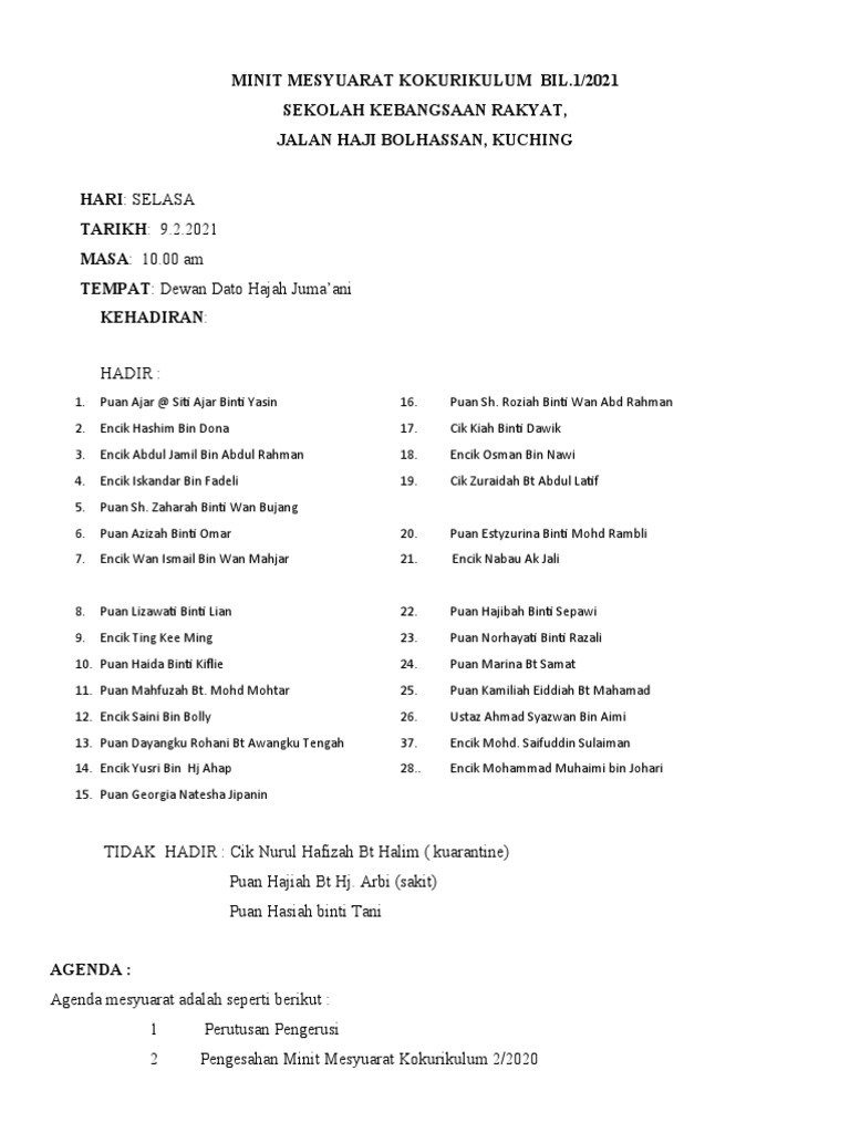 Minit Mesyuarat KK Bil 1 2021 | PDF