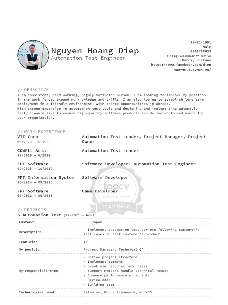 Automation Engineer CV Sample | Download Free PDF | Application Software | Microsoft Windows