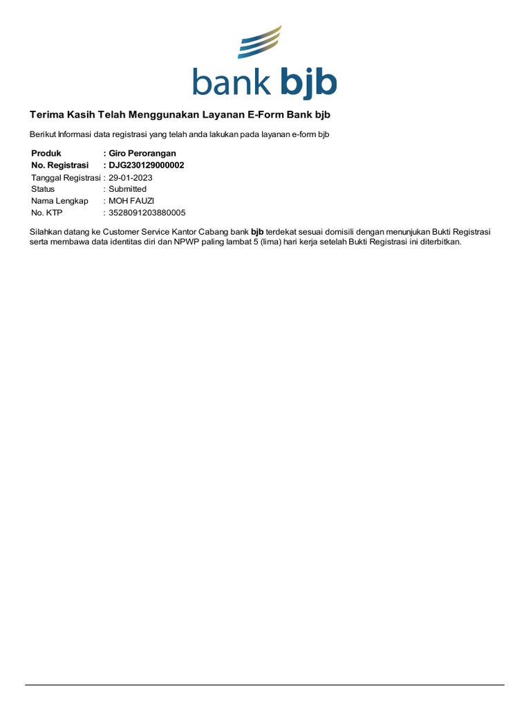 Terima Kasih Telah Menggunakan Layanan E-Form Bank BJB: Produk: Giro ...
