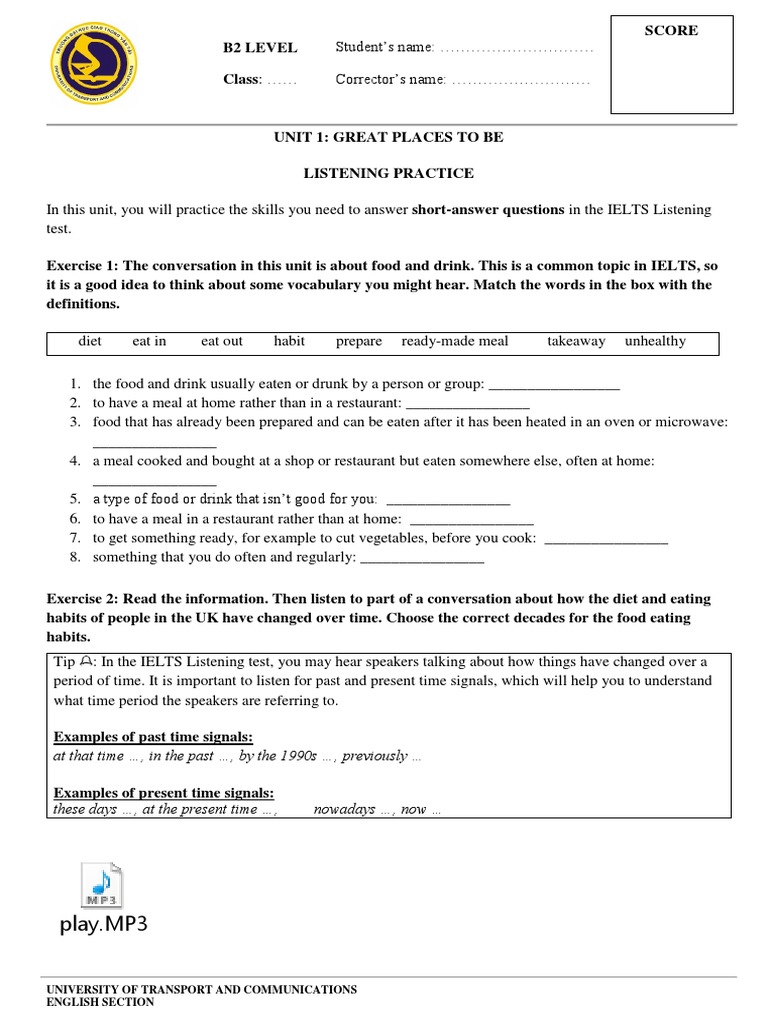 (b2) Unit 1 - Great Places To Be - Listening Practice | PDF