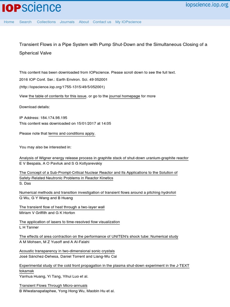 Transient Flows in A Pipe System With Pump Shut-Do | PDF | Fluid Dynamics | Pump