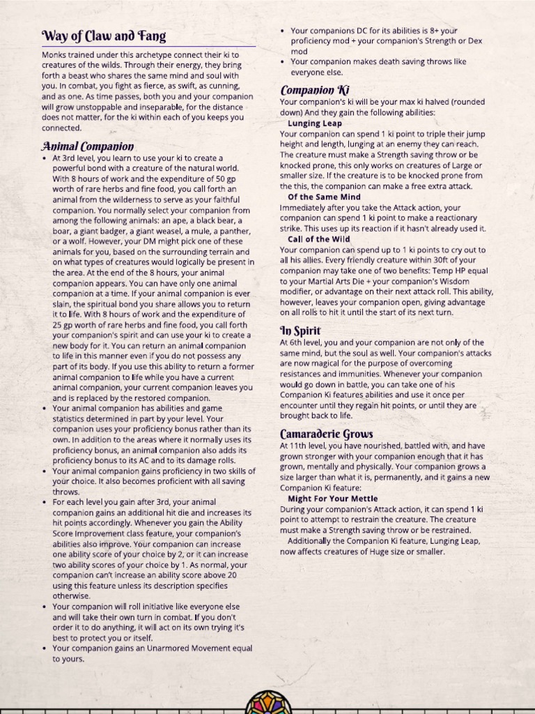 Monk Subclass - Way of Claw and Fang - GM Binder | PDF