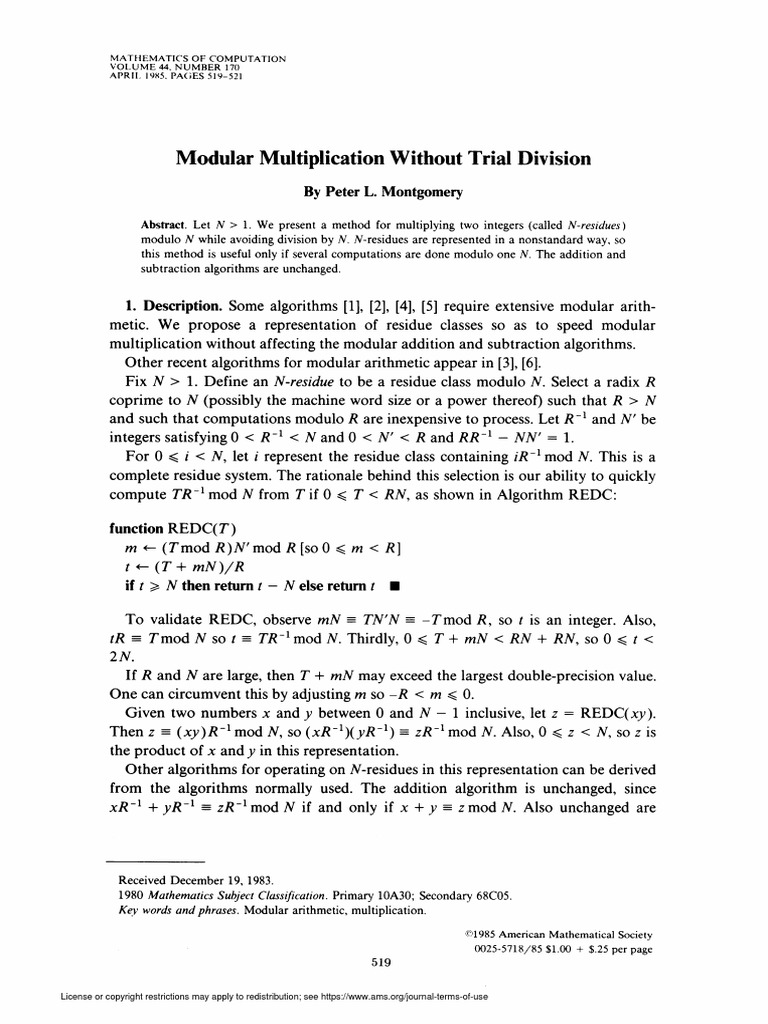Modular Multiplication Without Trial Division | PDF | Multiplication | Algorithms