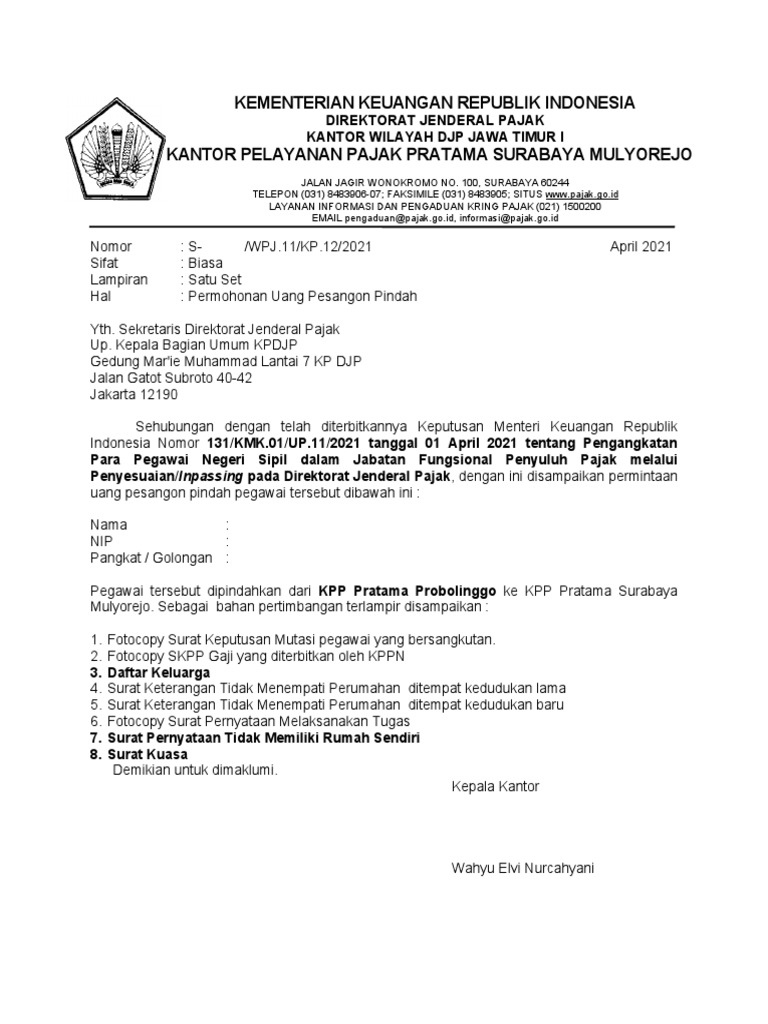 Permohonan Pesangon Pindah PNS | PDF
