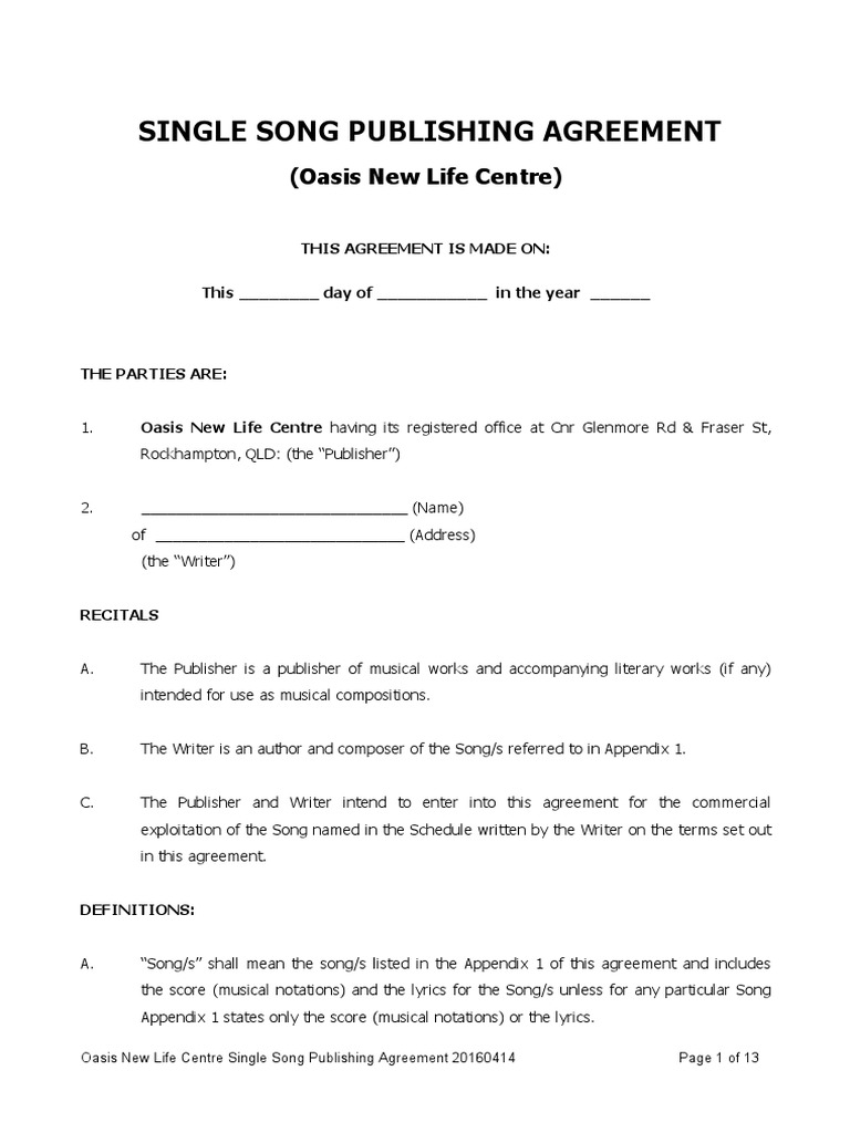 Single Song Publishing Agreement | PDF | Royalty Payment | Indemnity