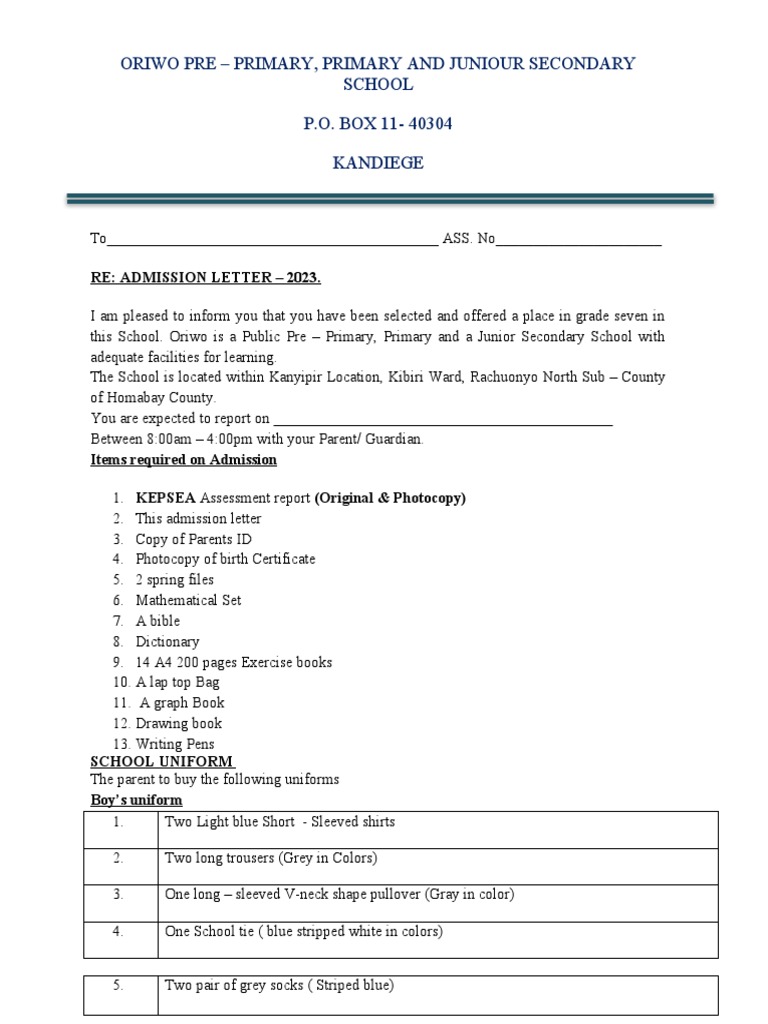 KEPSEA Admission Letter SAMPLE | PDF | Sweater | Uniforms