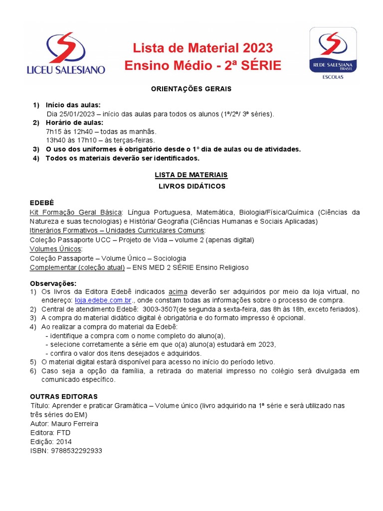 LICEU Lista de Materiais 2023 2a SERIE 3a Versao | PDF