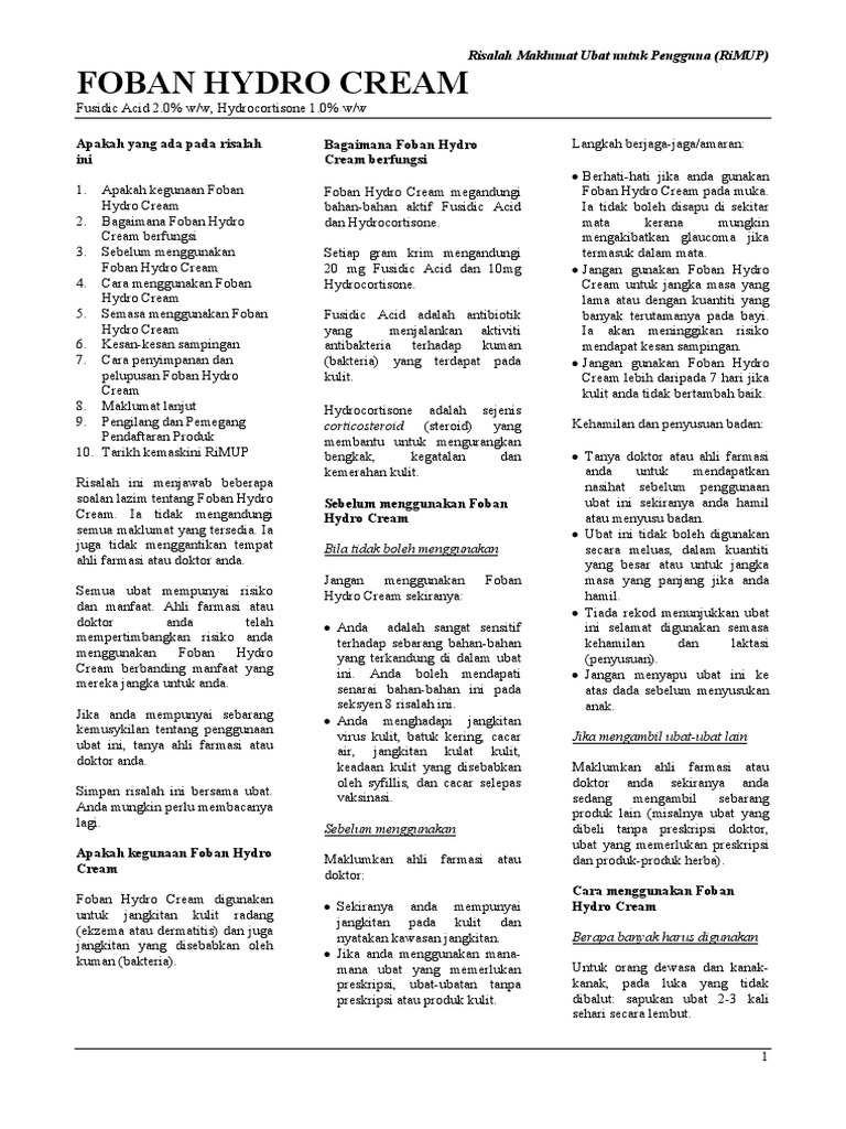 Foban Hydro Cream (Fusidic Acid, Hydrocortisone) Hoe Pharmaceuticals ...