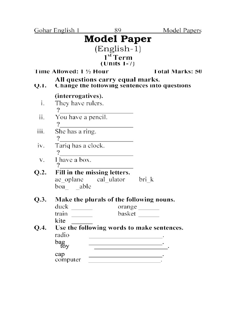 Gohar English Model Papers 01 | PDF