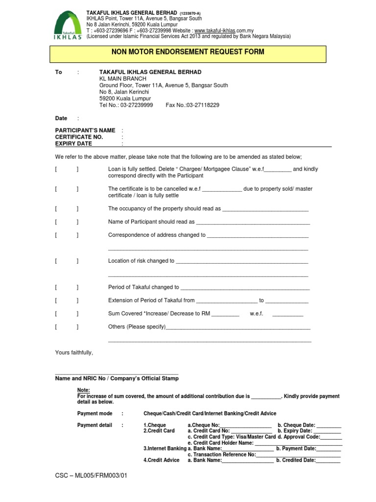 Non Motor Endorsement Request Form - 2 | PDF | Credit Card | Cheque