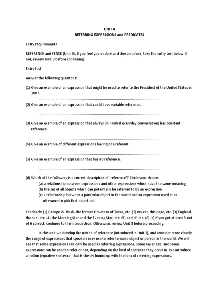 Unit 4 Referring Expressions and Predicates | PDF | Predicate (Grammar ...