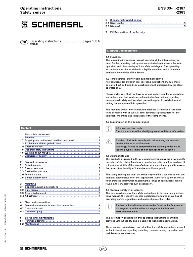 Safety Sensors - BNS 33 12Z 2187 Operating Instructions | PDF ...