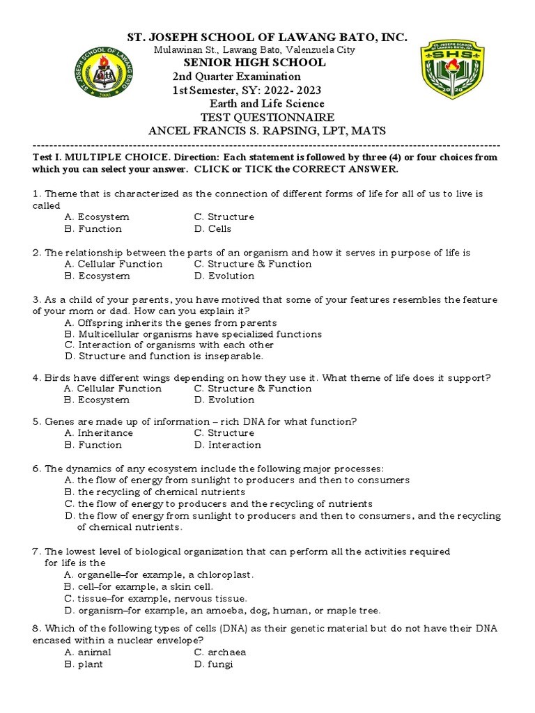 2nd Quarterly Examination - Earth and Life Science - SJSLB - SHS | PDF