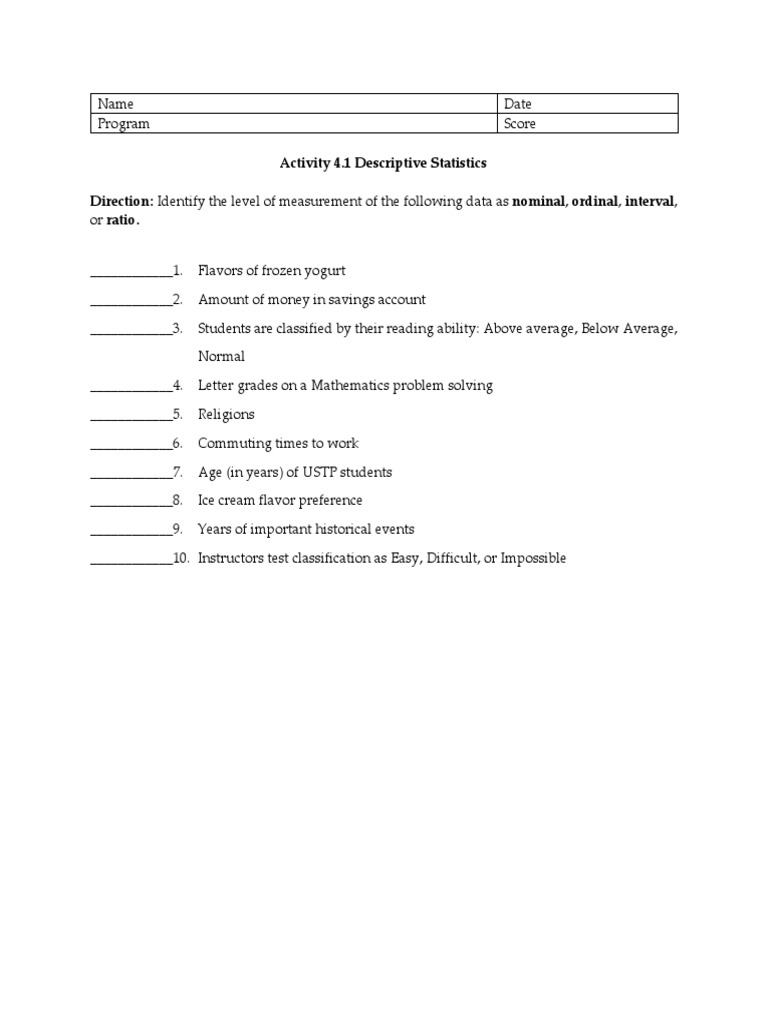 Descriptive Statistics Worksheet Answers | PDF