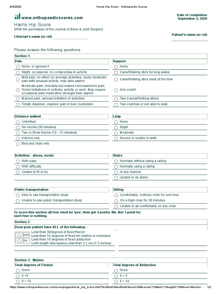 Harris Hip Score - Orthopaedic Scores | PDF | Anatomical Terms Of ...