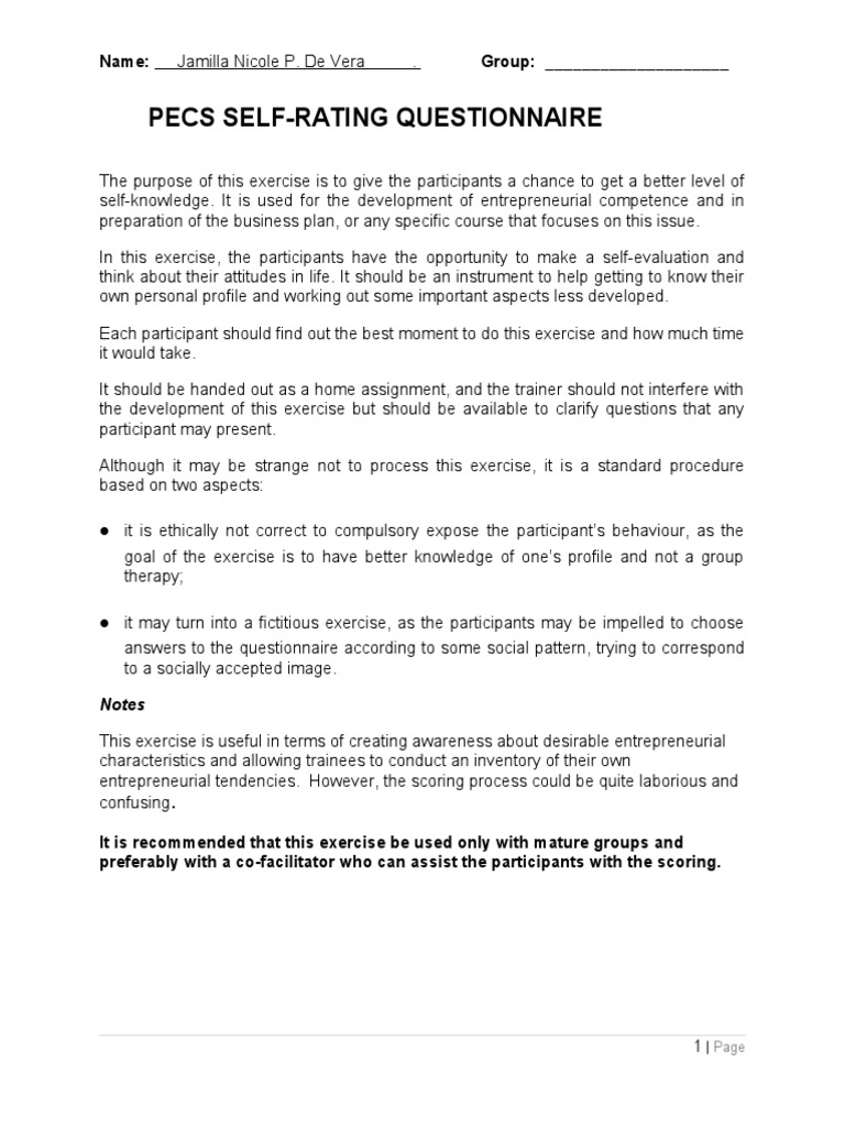 PECS Self-Rating Questionnaire Guide | PDF | Goal | Cognitive Psychology