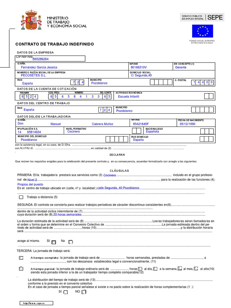 Modelo Contrato Trabajo Indefinido Cocinero | PDF | Tiempo de trabajo | Invalidez
