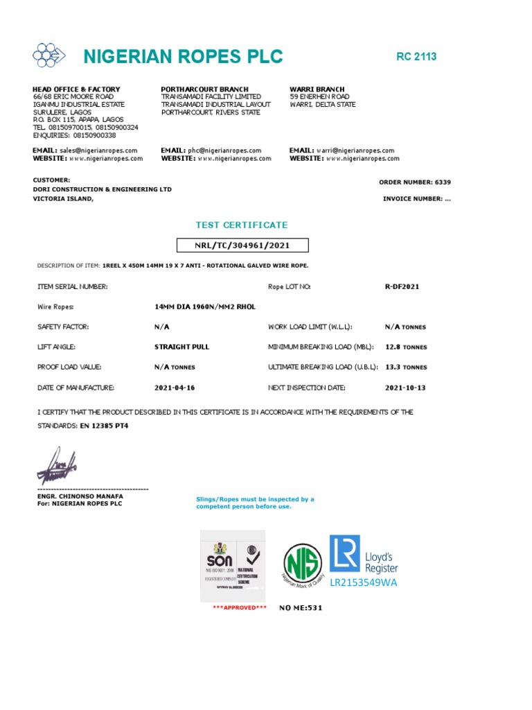 14mm X 450m Wire Rope Cert For Dori | PDF | Machines | Manufactured Goods