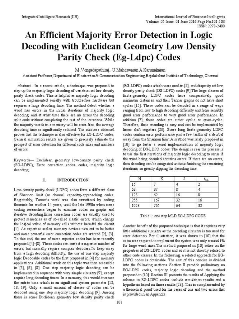 An Efficient Majority Error Detection in Logic Decoding With Euclidean Geometry Low Density ...