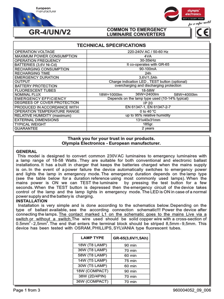 GR-4/UN/V2: Common To Emergency Luminaire Converters Technical Specifications | PDF | Mains ...