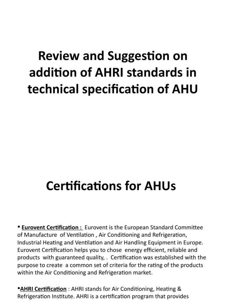 Review and Suggestion On Addition of AHRI Standards in Technical ...