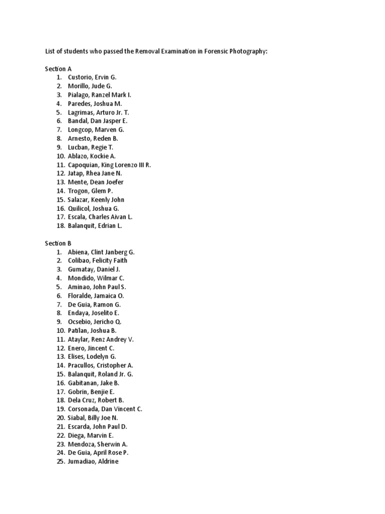 List of Students Who Passed The Removal Examination in Forensic ...
