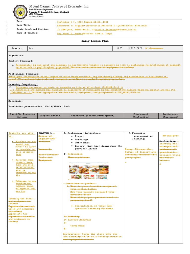 DLP Cookery 9 | PDF | Tools | Cooking
