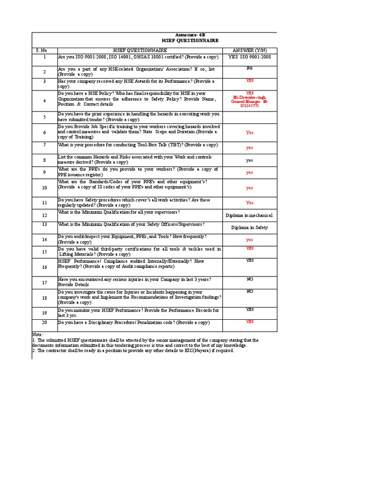 Annex - C Hse Questionnaire | PDF | Personal Protective Equipment | Audit