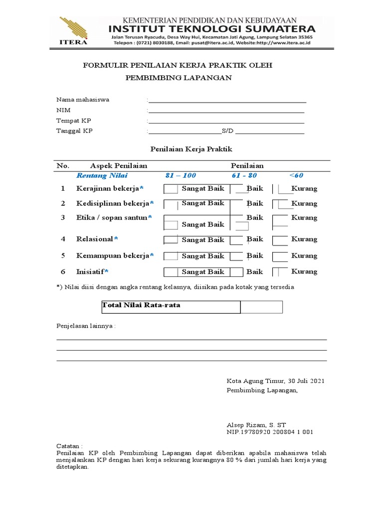 Formulir Penilaian KP Oleh PL 1 | PDF