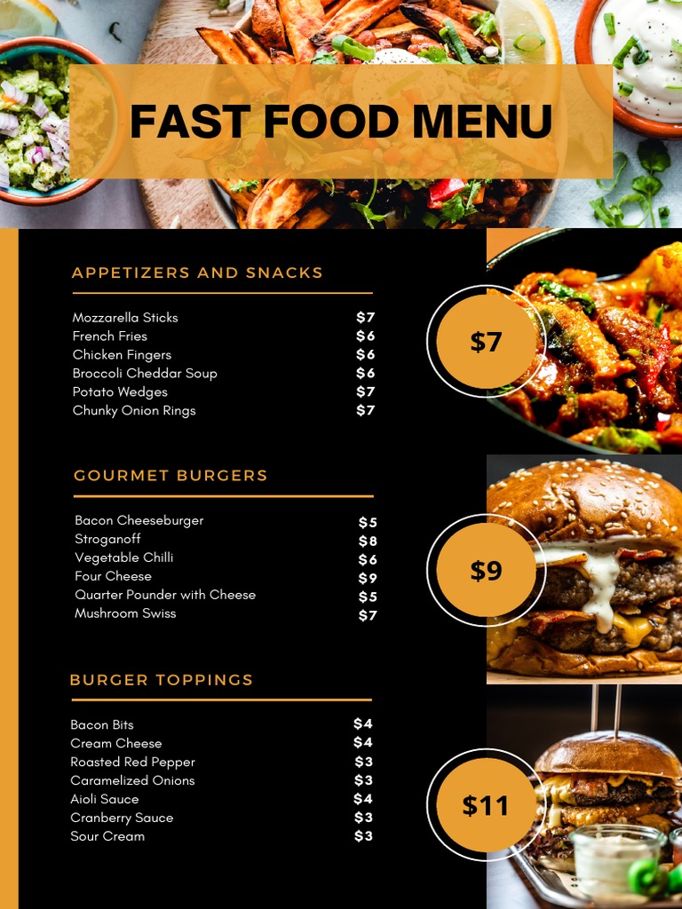 Black & Orange Creative Modern Fast Food Menu | PDF