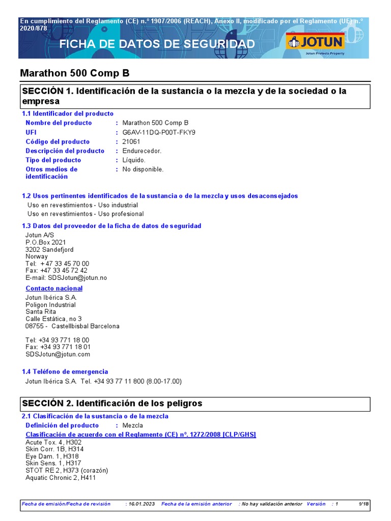SDS Marathon 500 Comp B 06022023 - ES | PDF | Agua | Ciencias fisicas