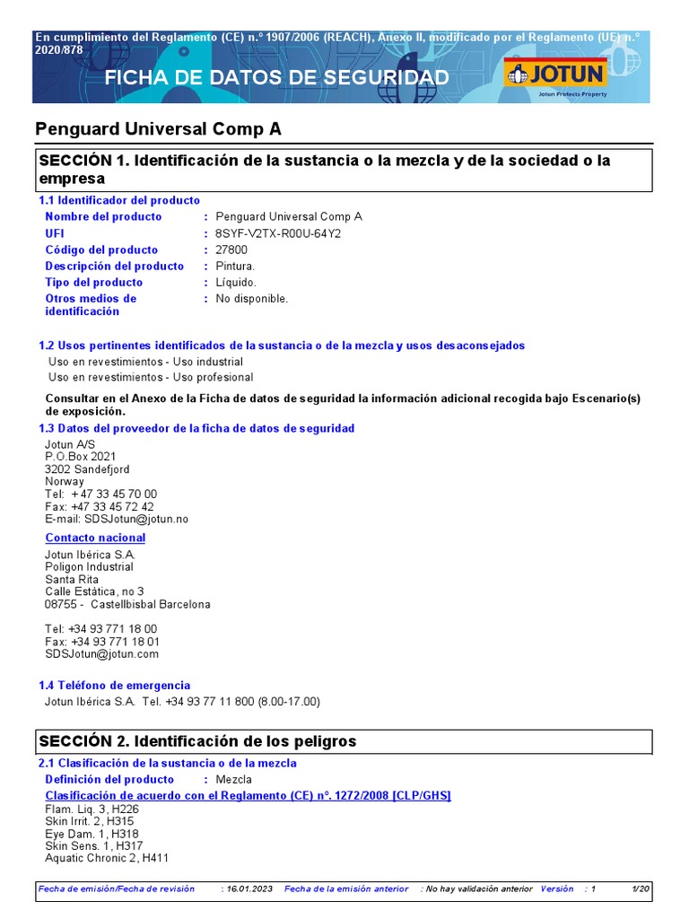 SDS Penguard Universal Comp A 06022023 - ES | PDF | Agua | Solvente