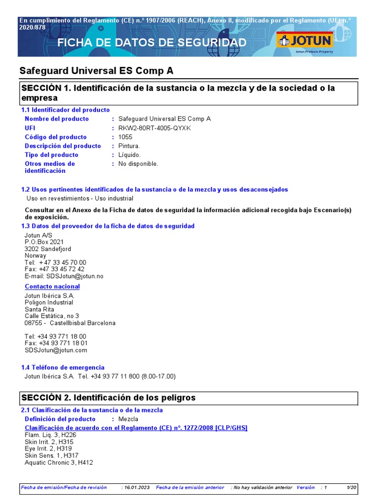 SDS Safeguard Universal ES Comp A 01022023 - ES | PDF | Agua | Solvente