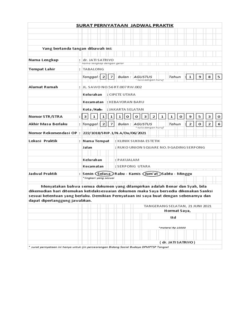 Surat Pernyataan Jadwal Praktik | PDF
