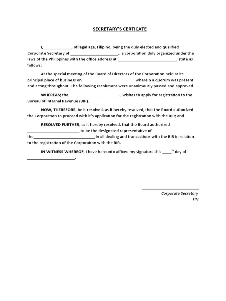 Secretary's Certificate (Bir) | PDF Secretary's Certificate (Bir) | PDF