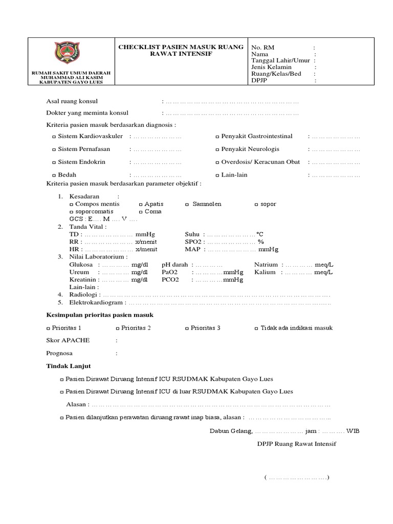 Checklist Pasien Masuk Ruang Rawat Intensif | PDF Checklist Pasien Masuk Ruang Rawat Intensif | PDF