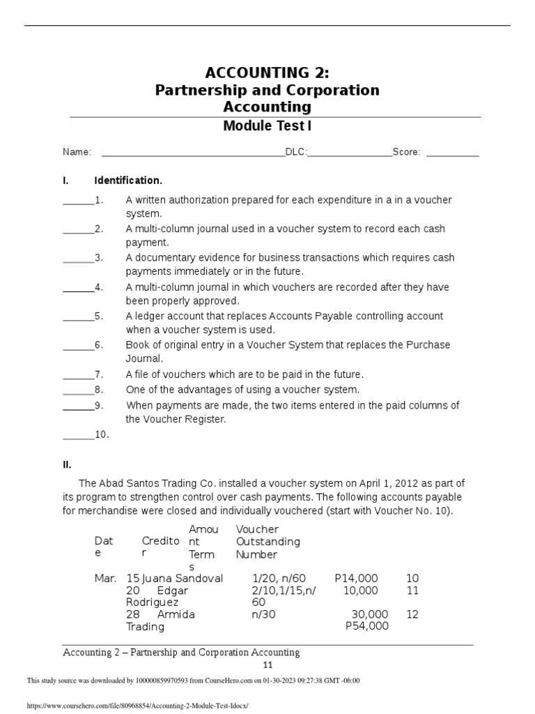 Accounting 2 Module Test I | PDF | Accounts Payable | Voucher