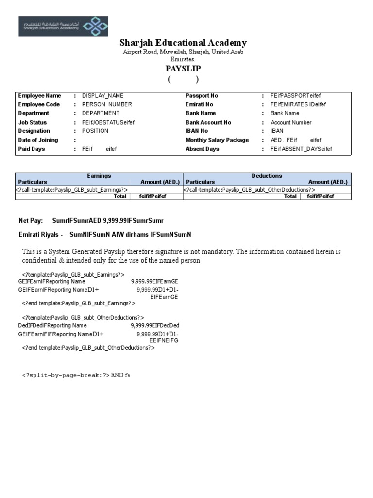 UAE Monthly Salary Payslip Sample | PDF | Paycheck | United Arab Emirates