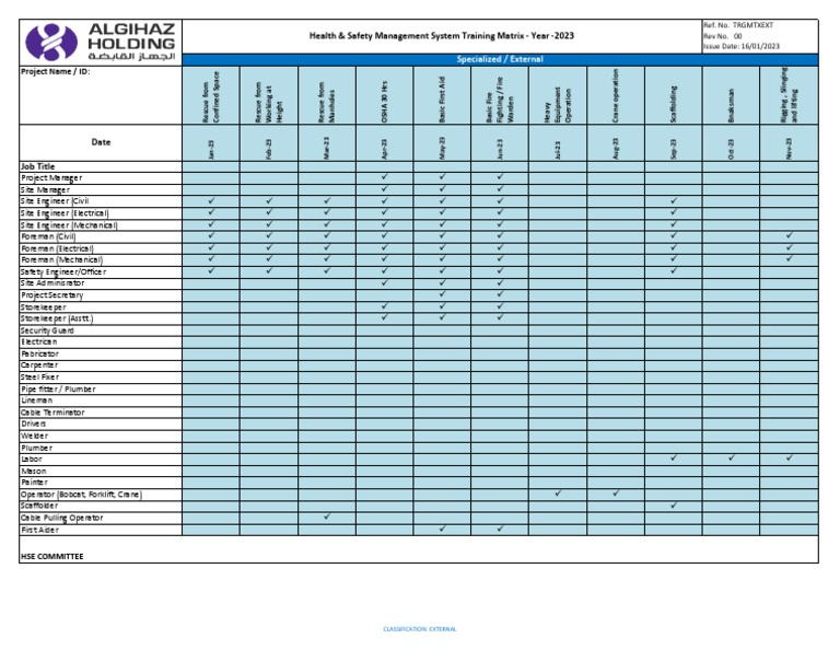Health & Safety Training Matrix - External-2023 | PDF | Safety ...