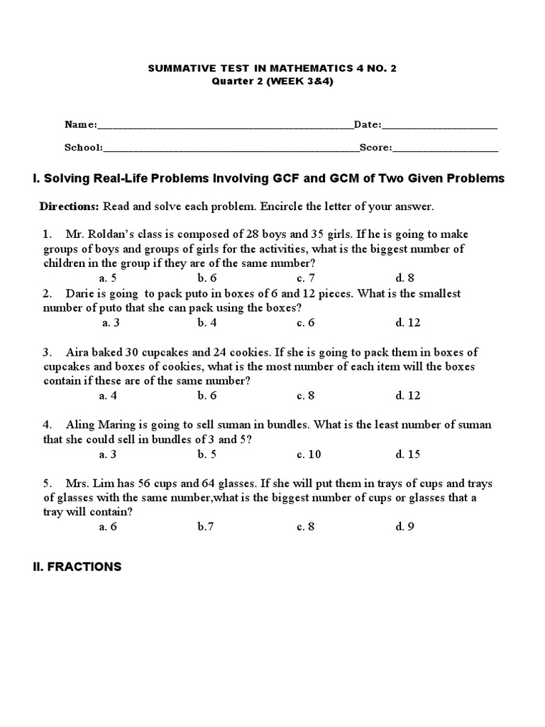 Q2 Summative Test No. 2 in MATH 4 | PDF | Mathematics