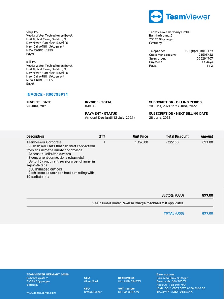TeamViewer Corporate Subscription Renewal Invoice for Veolia Water ...