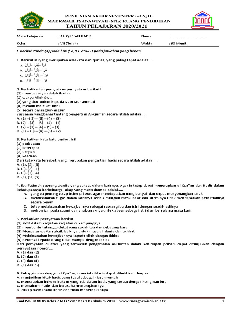 SOAL PAS QURDIS KELAS 7 MTs | PDF