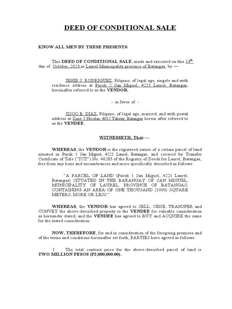 Deed of Conditional Sale Sample | PDF | Deed | Loans