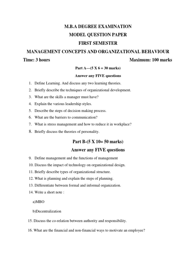 Model Question paper-MCOB | PDF | Organizational Structure | Employment