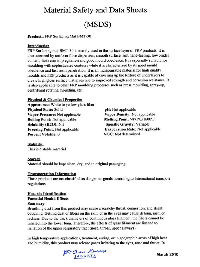 MSDS Surfacing Mat BMT 30 | PDF