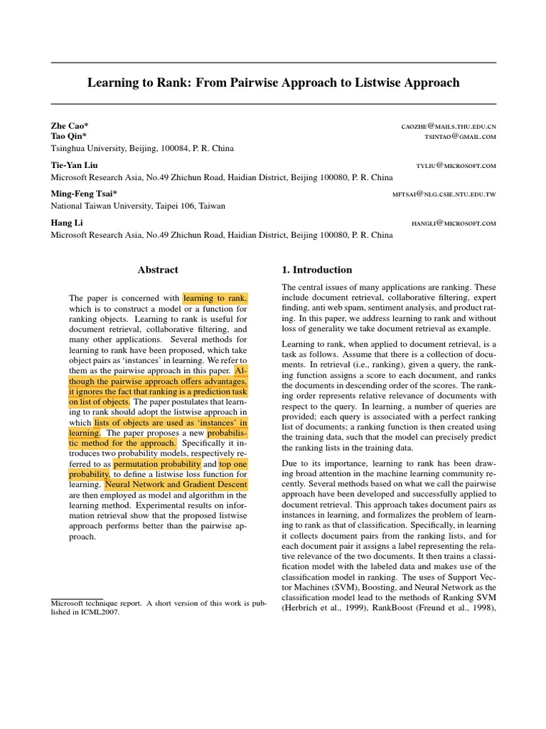 Learning To Rank: From Pairwise Approach To Listwise Approach | PDF | Support Vector Machine ...