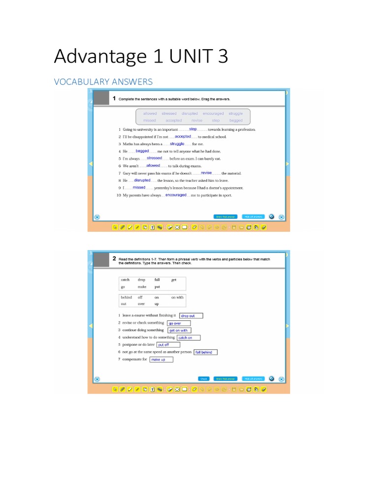 Advantage 1 Unit 3 Vocabulary Answers | PDF
