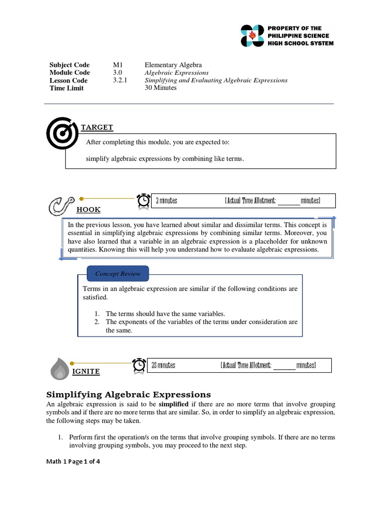 Simplifying and Evaluating Algebraic Expressions | PDF | Variable ...