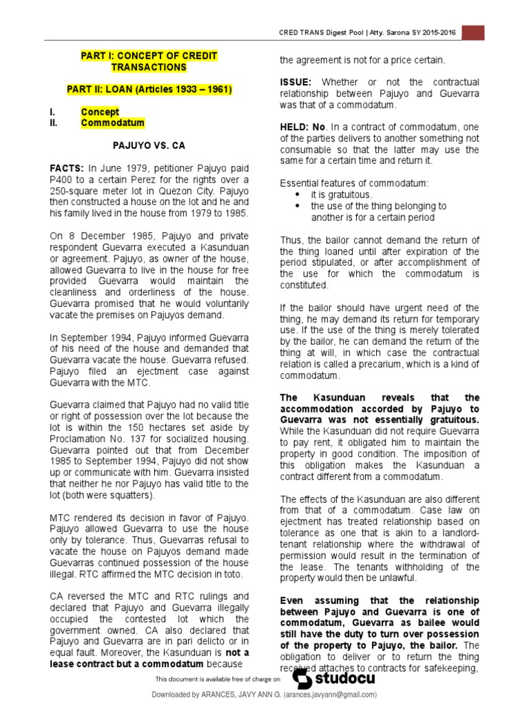 Commodatum Cases | PDF | Lawsuit | Lease