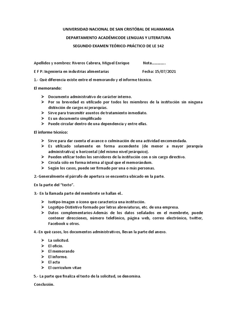 Examen Final de Español Ii | PDF